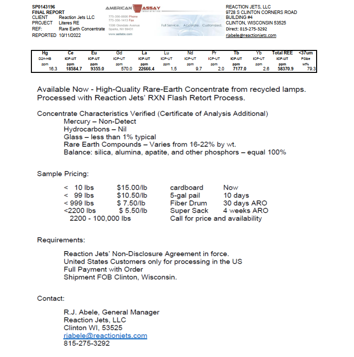 Rare Earth Concentrates – Reaction Jets, LLC